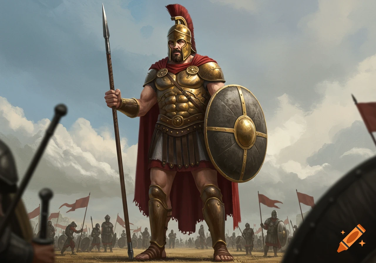 A giant warrior in golden armor holds a spear and shield on a ...