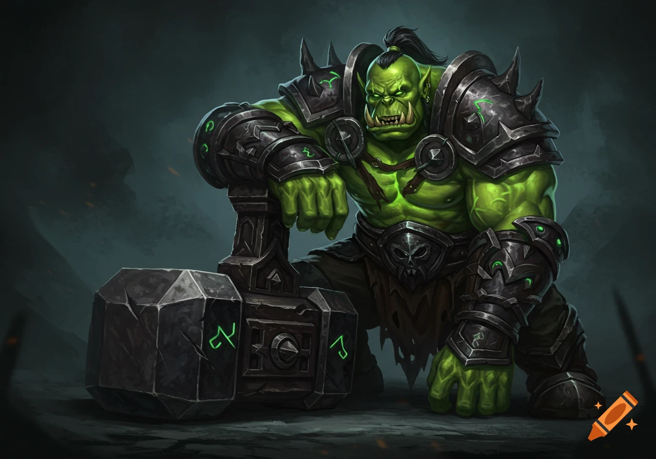 A muscular green orc warrior in armor leans on a large two-handed hammer. on Craiyon