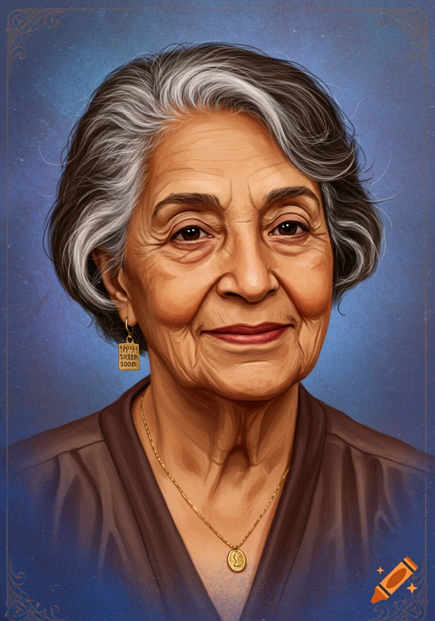 Digital painting portrait of an older woman with gray hair wearing an earring with text. on Craiyon