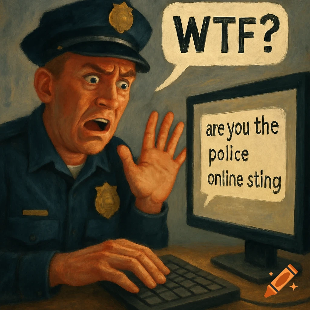 Illustration of surprised police officer seeing 'are you the police ...