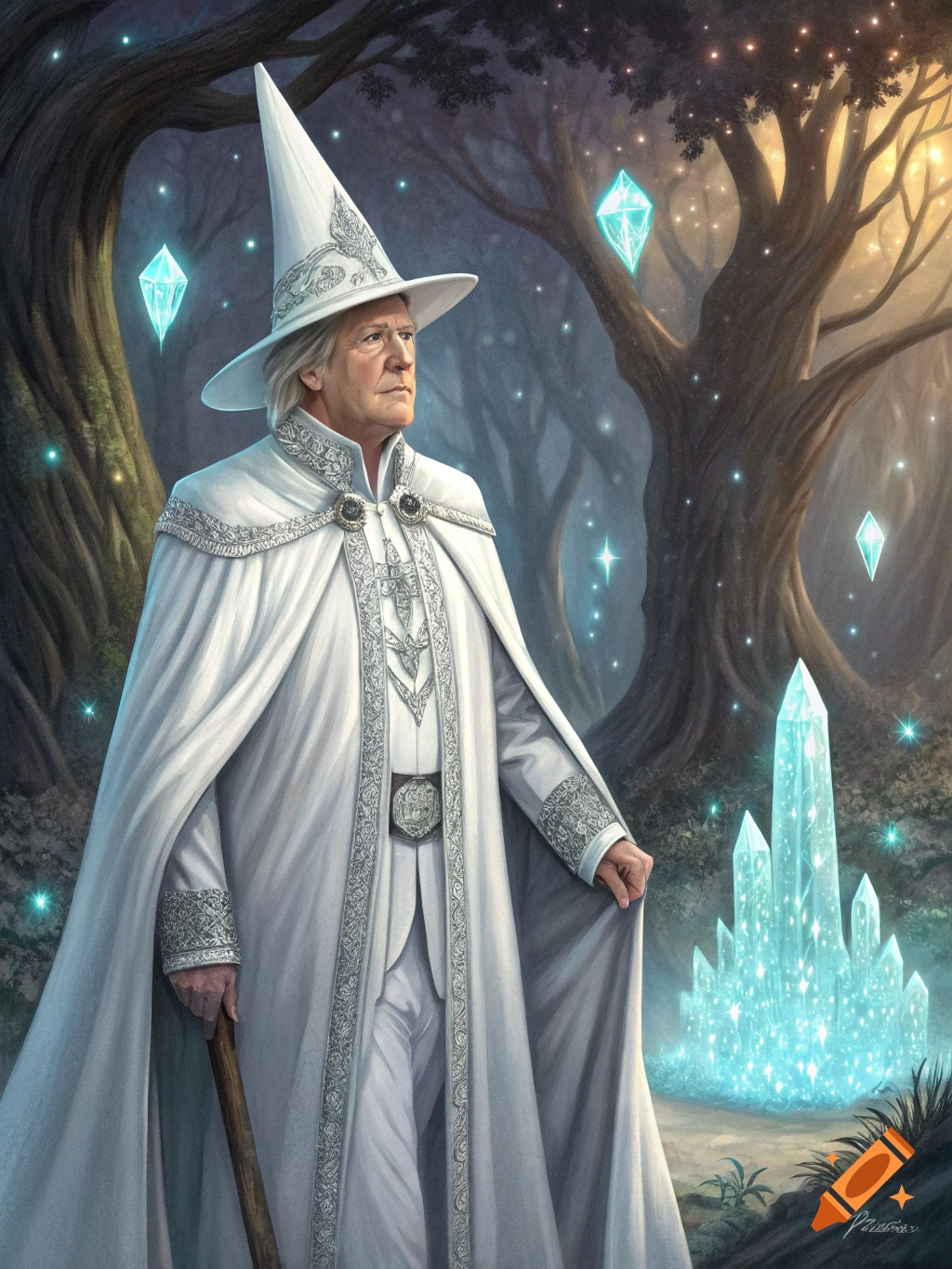 A person in a white wizard robe and hat stands in a magical forest with ...