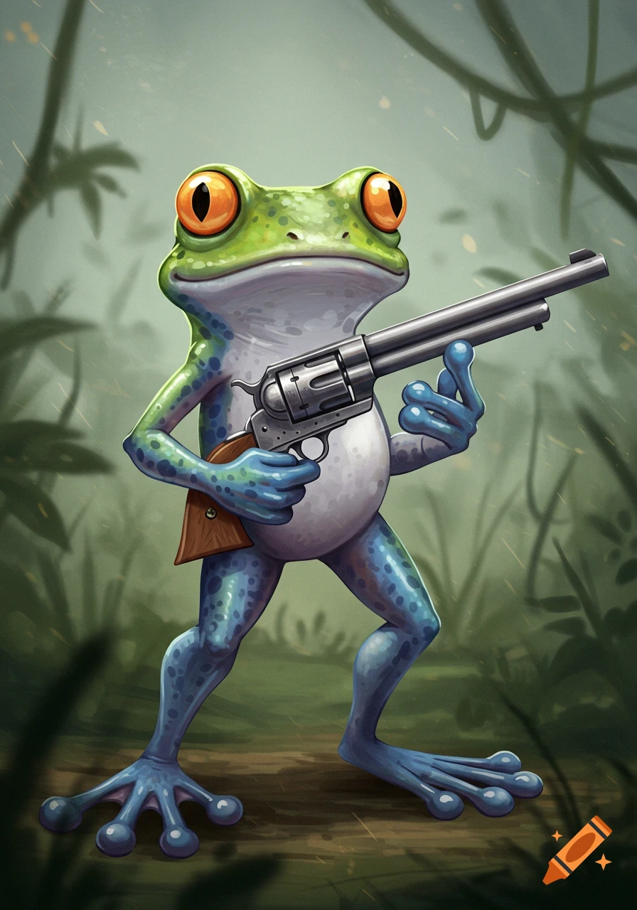 Cartoon frog standing in a swamp holding a revolver. on Craiyon