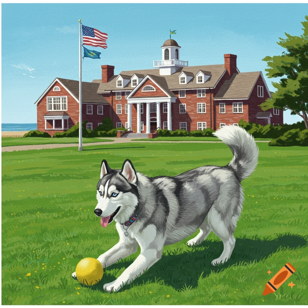 An illustration of a husky dog playing with a yellow ball on a lawn in ...