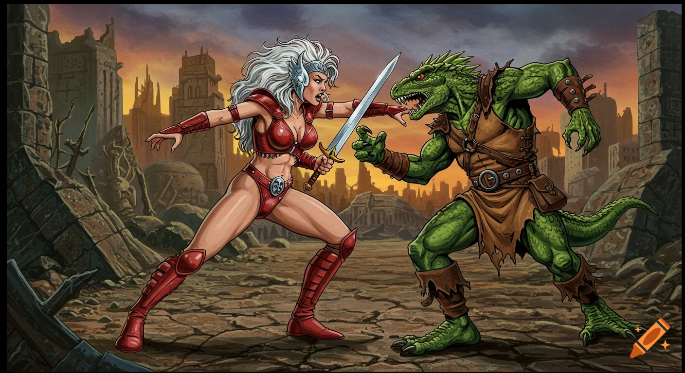 Warrior woman fights lizard creature with sword in ruined city, Heavy Metal cartoon style. on ...