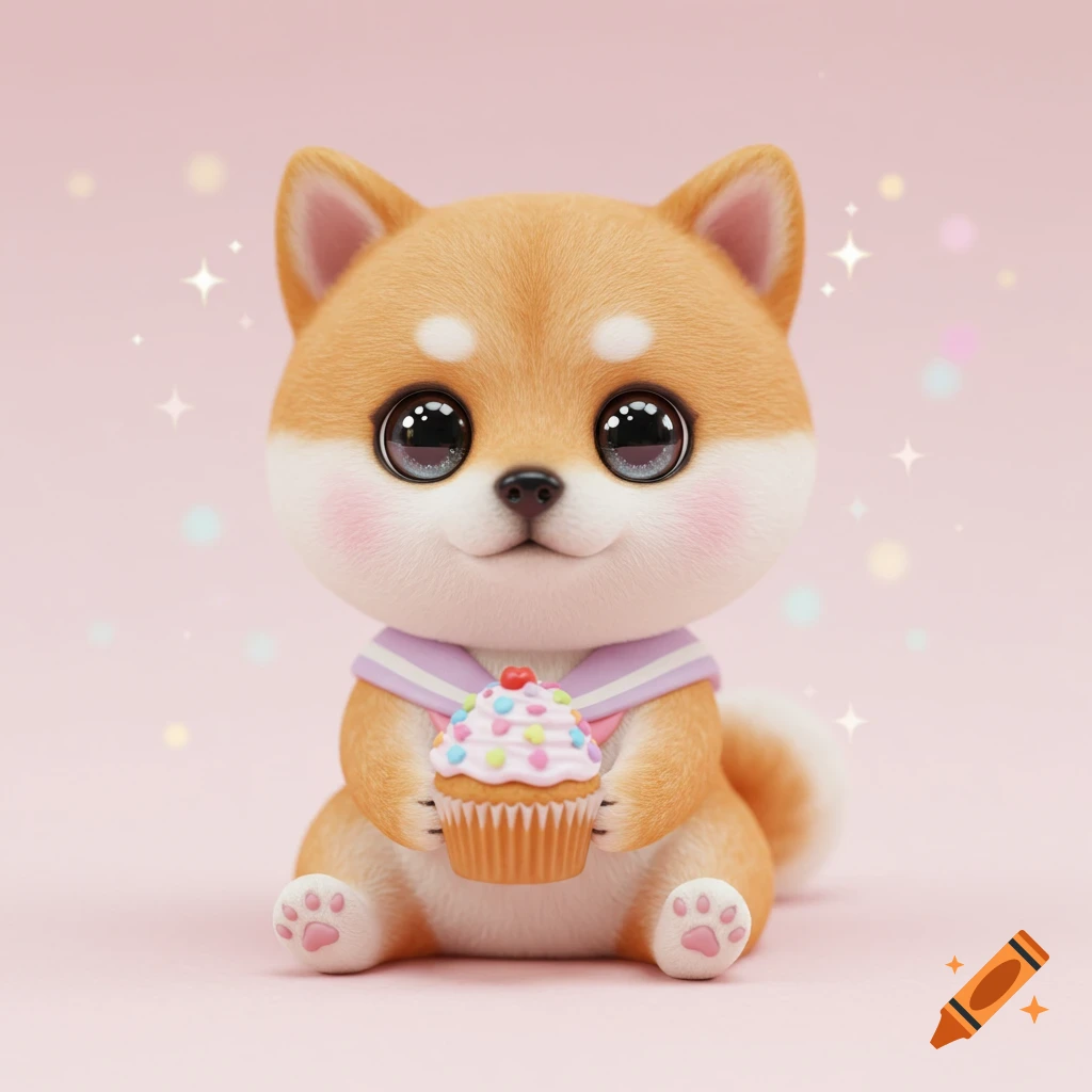 A cute chibi Shiba Inu dog holds a cupcake. on Craiyon