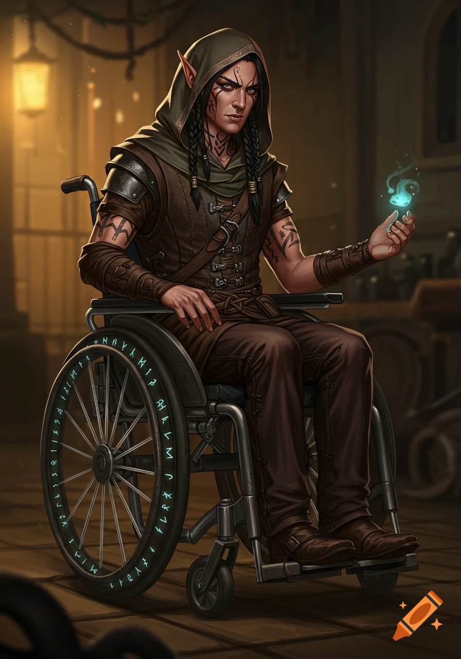 A fantasy elf character with face markings and tattoos sits in a ...