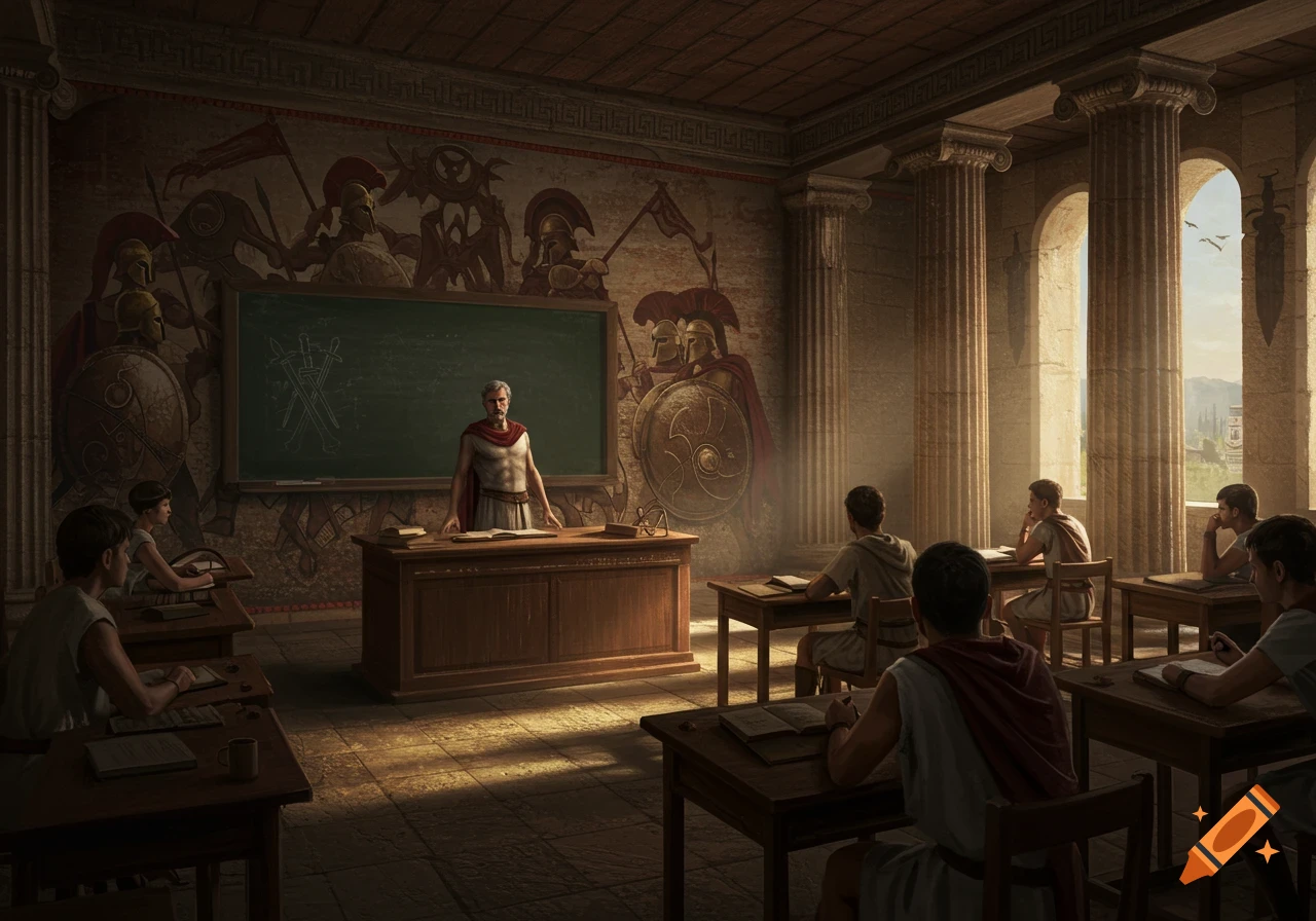 A Spartan teacher instructs students in a detailed ancient classroom ...