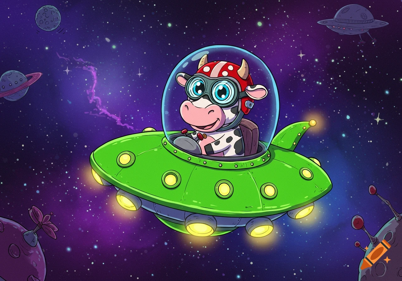 A cartoon cow pilots a green flying saucer through space. on Craiyon