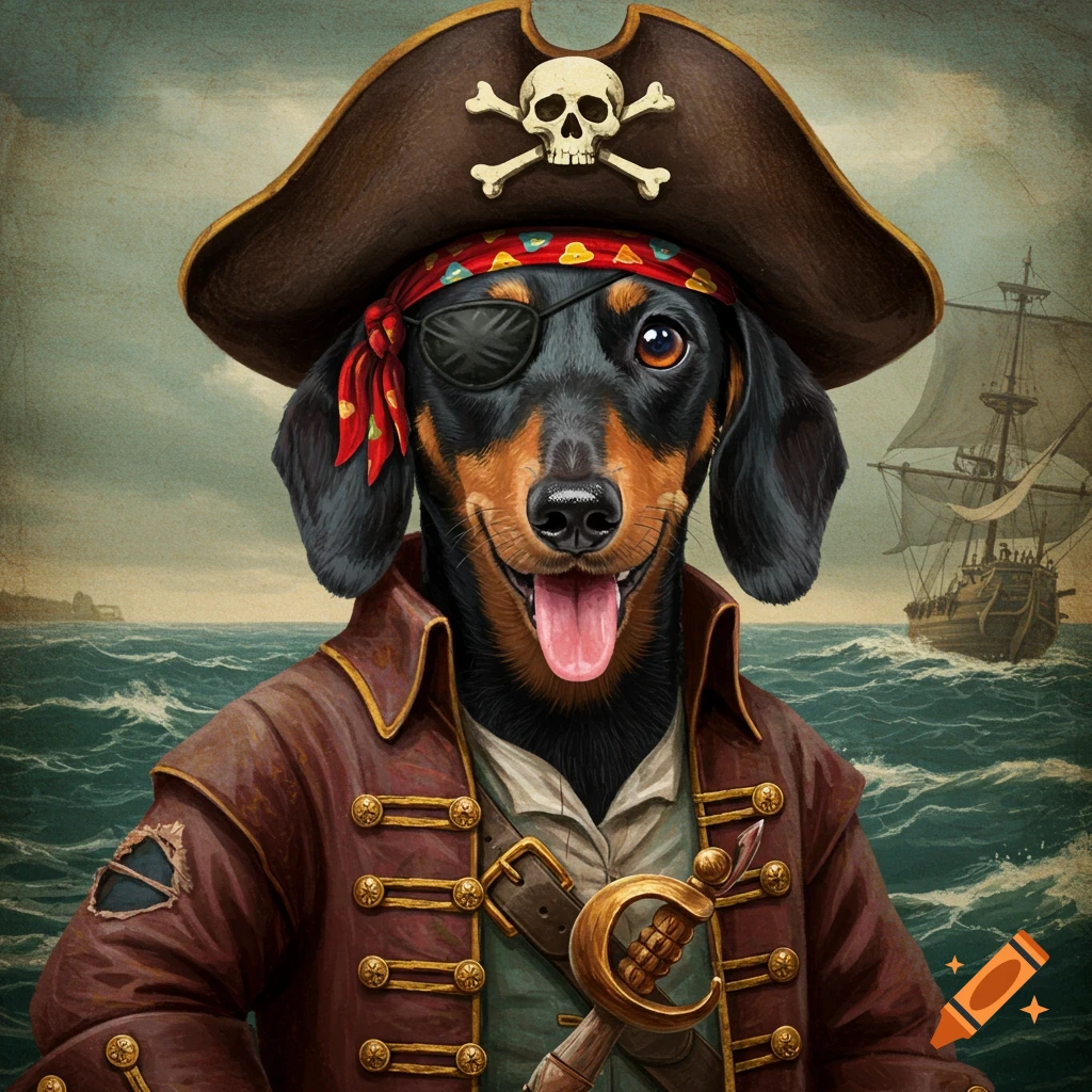 A dachshund dog dressed as a pirate captain on a ship at sea. on Craiyon