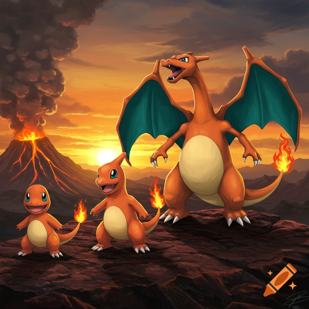 Illustration of Charmander, Charmeleon, and Charizard near an erupting ...