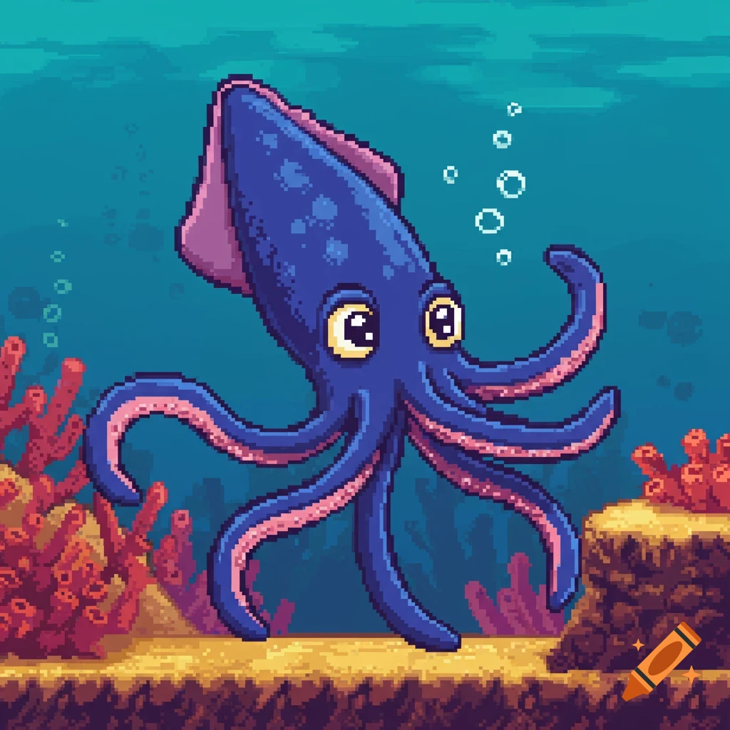 Pixel art illustration of a blue squid swimming underwater among coral ...