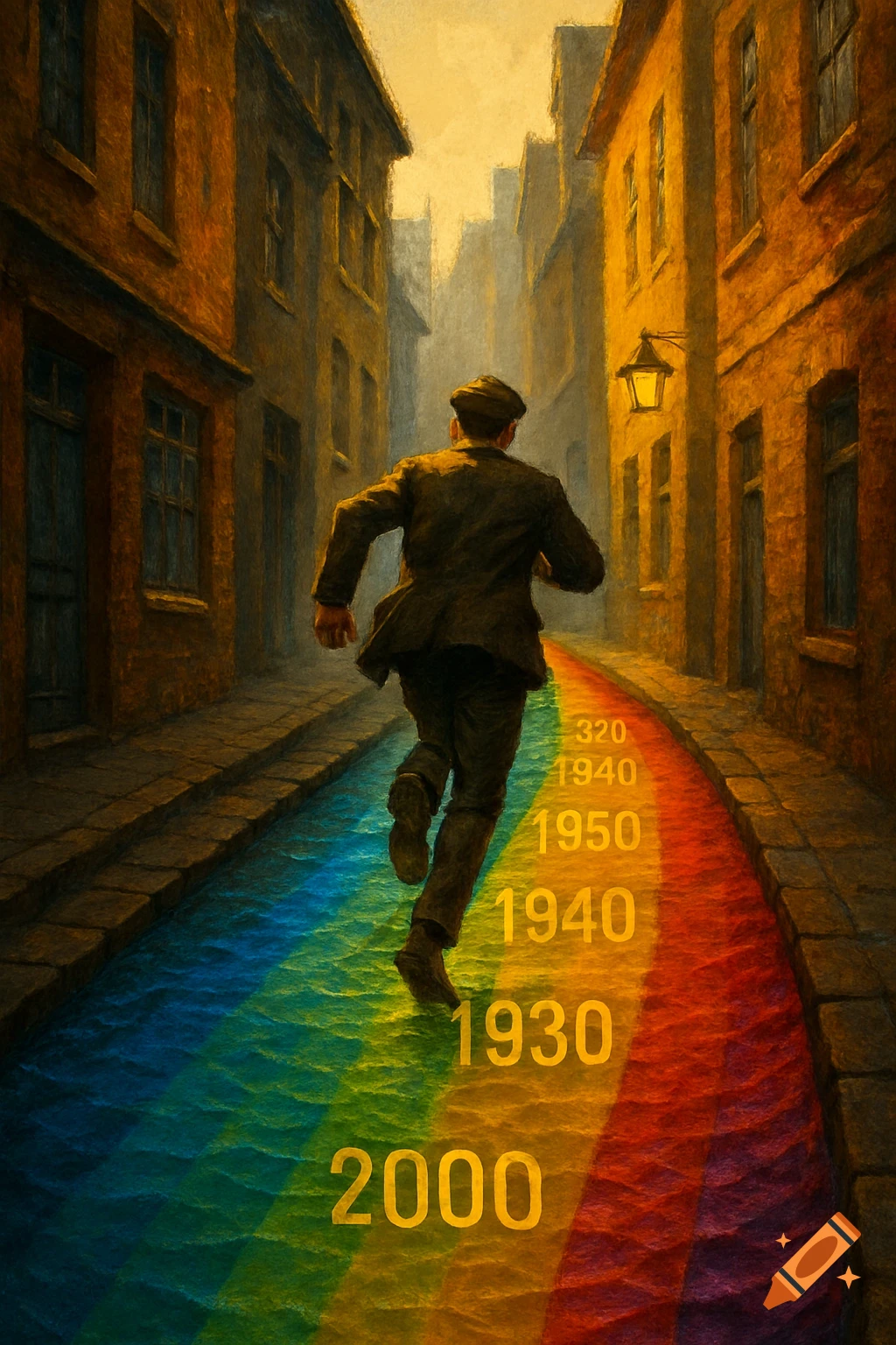 A man runs down a narrow, old-fashioned alleyway with a rainbow-colored ...