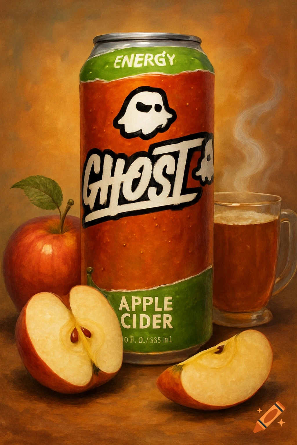 A Ghost Energy drink can, whole apple, cut apple, and steaming mug ...