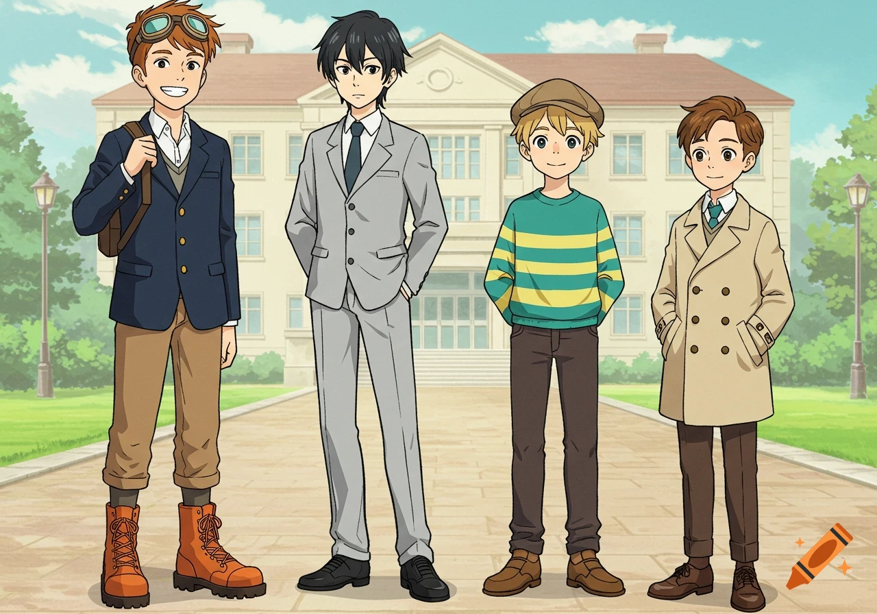 Anime illustration of four teen boys standing in front of a school ...