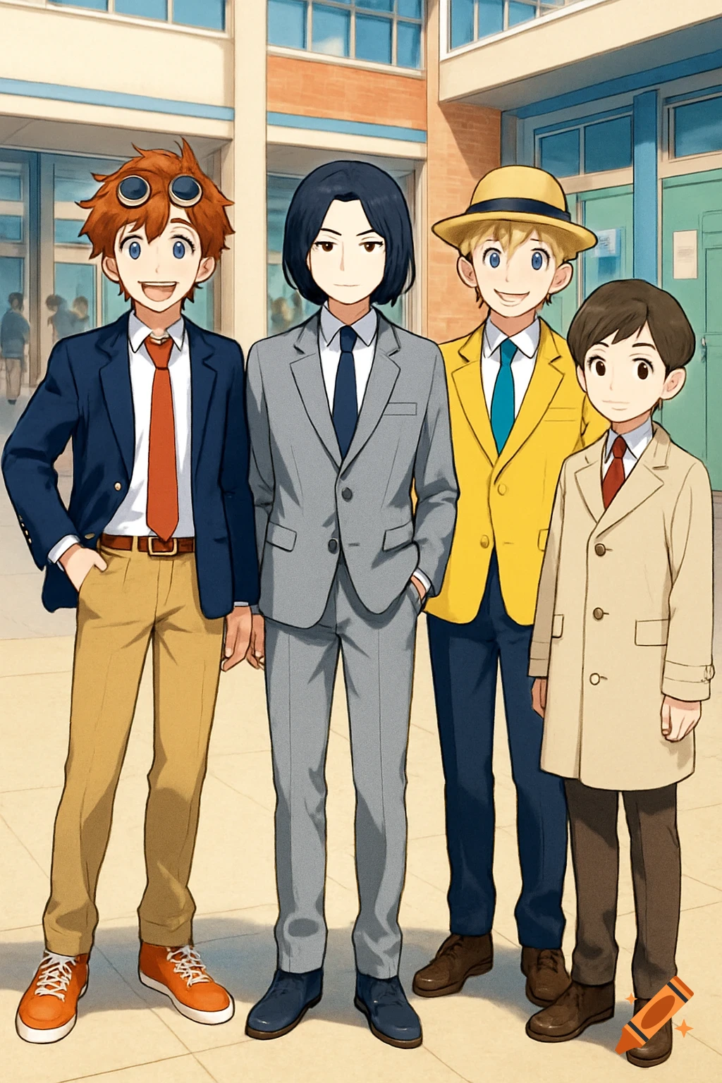 Four anime boys in preppy outfits stand outside a high school. on Craiyon