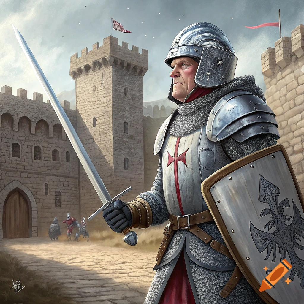 A knight stands before a castle gate, holding a sword and shield ...