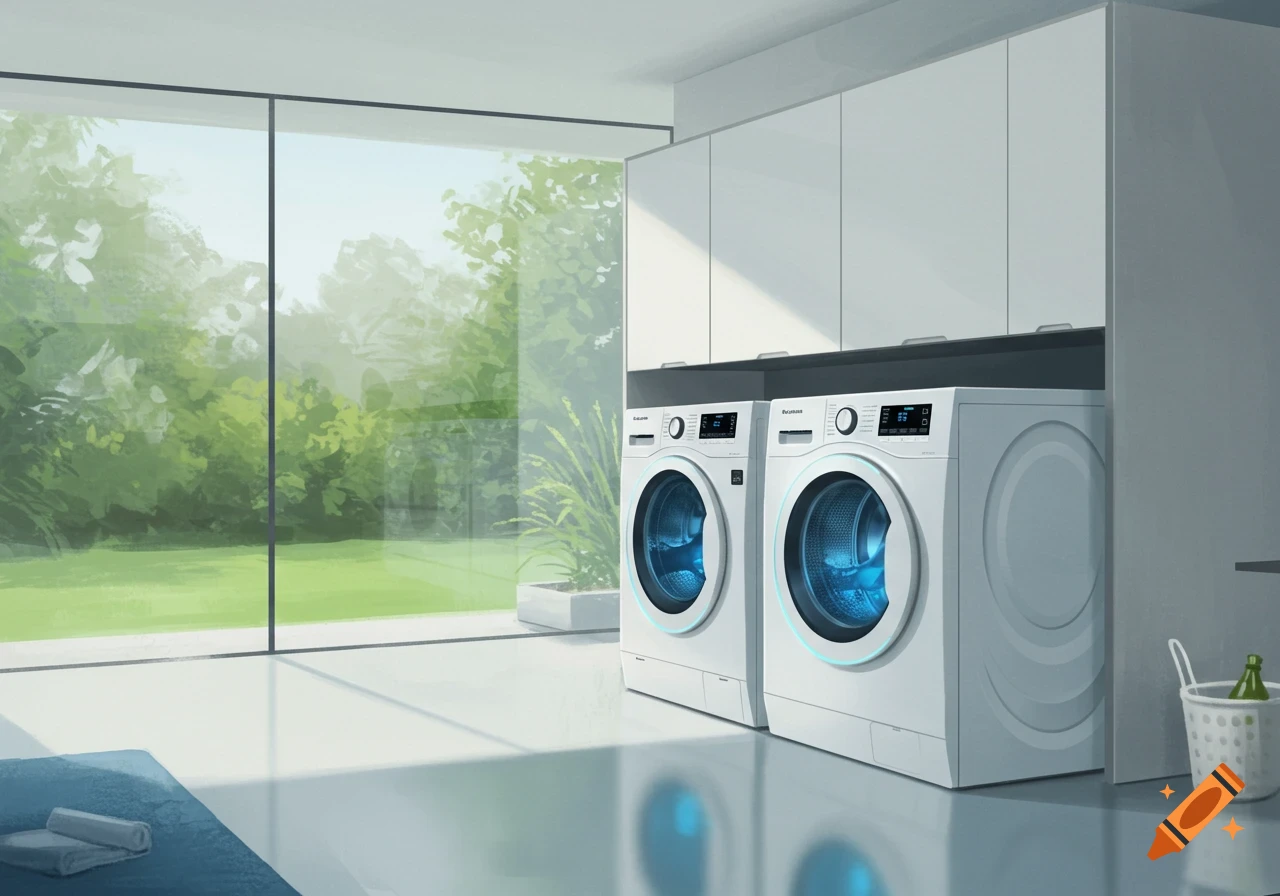 Two modern white washing machines in a bright laundry room with a large ...