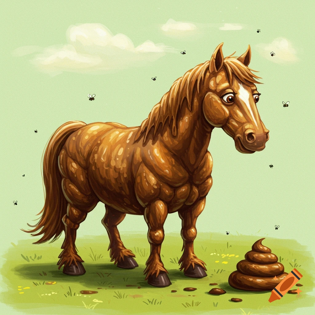 Cartoon drawing of a horse made of poop standing next to a pile of poop ...