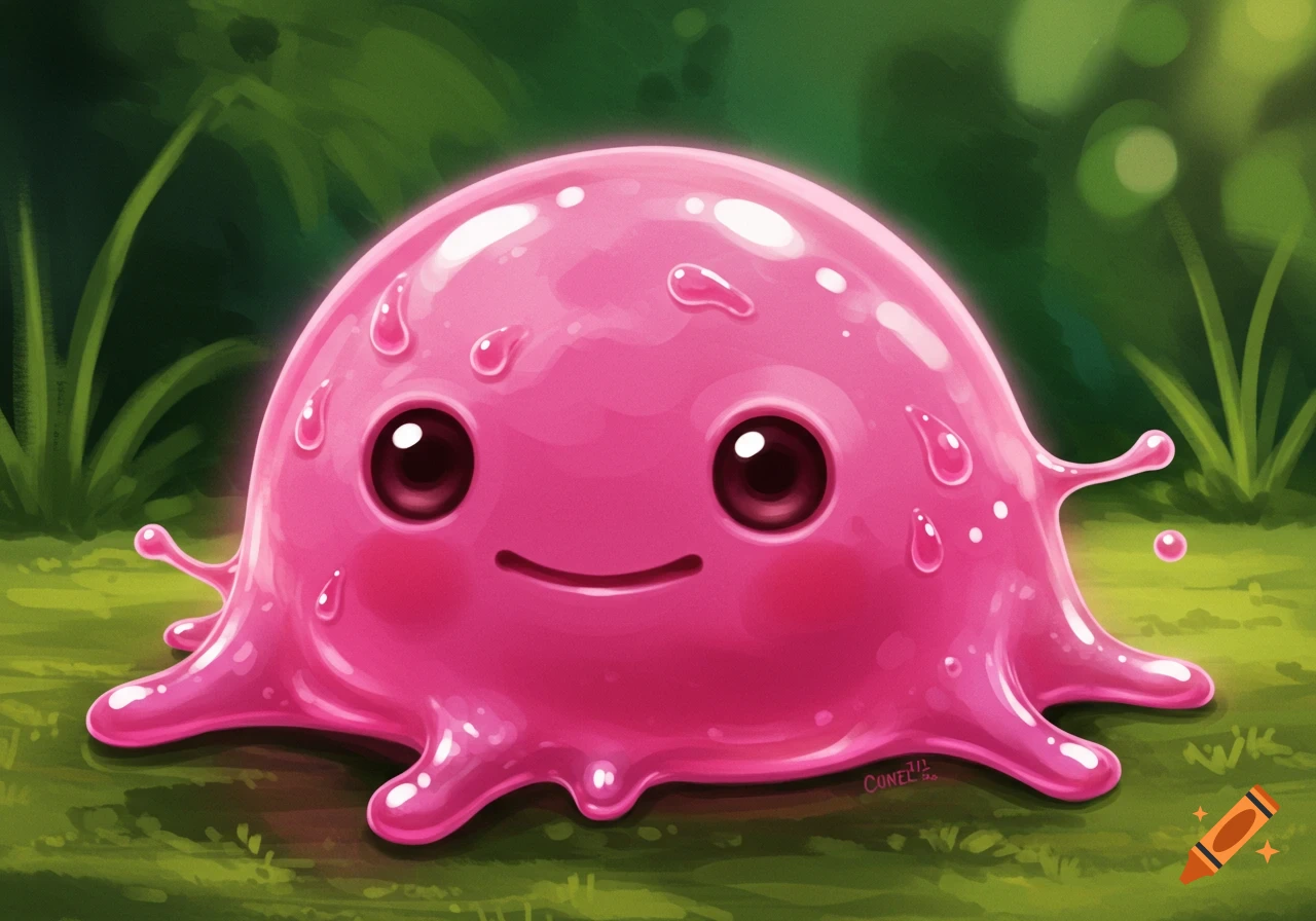 A cute, shiny pink slime creature sits on green grass. on Craiyon