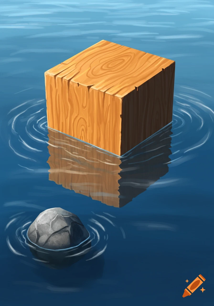 An illustration of a wooden block and a rock in blue water with ripples ...