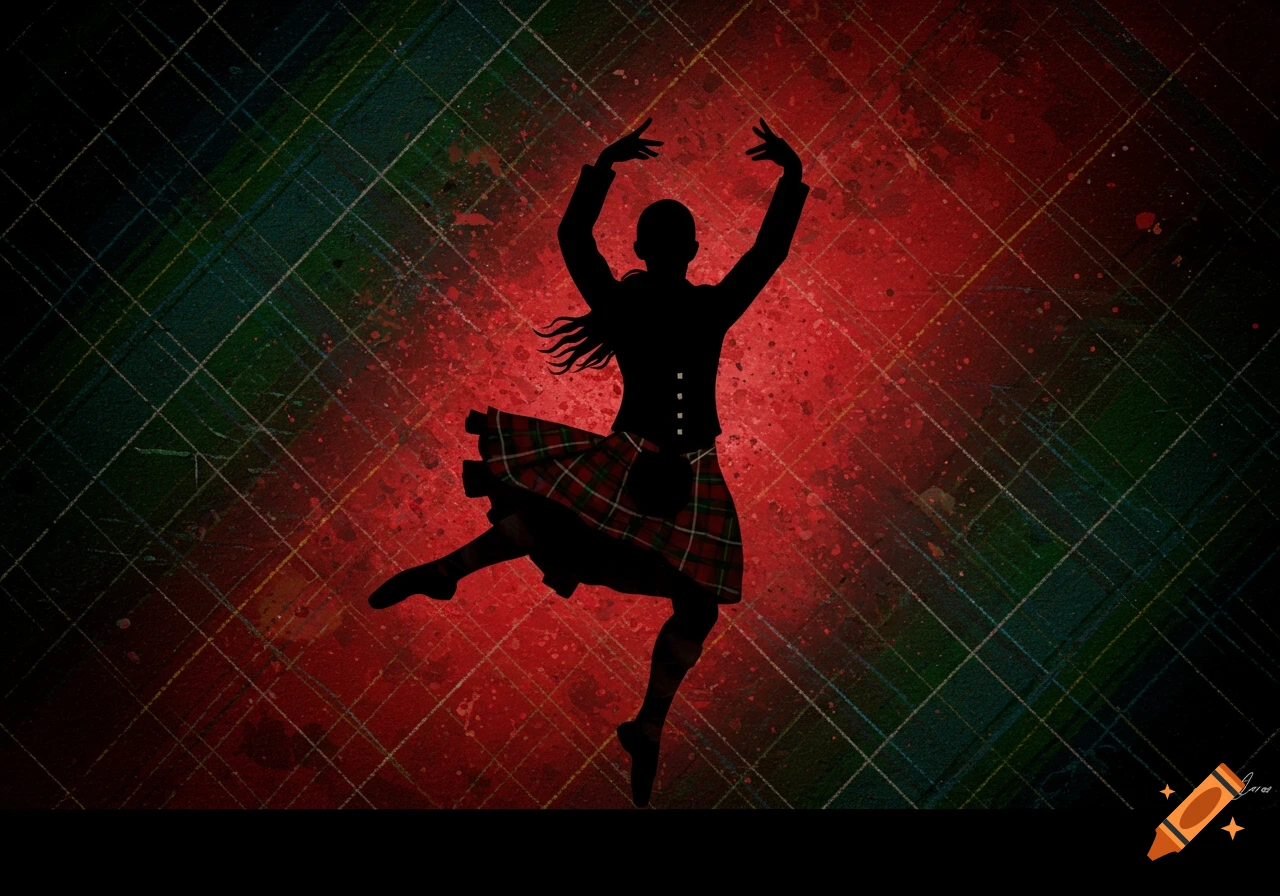 Silhouette of a highland dancer on a tartan and red textured background ...