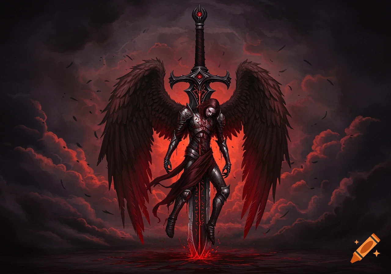 Dark fantasy illustration of a winged figure impaled on a large sword ...