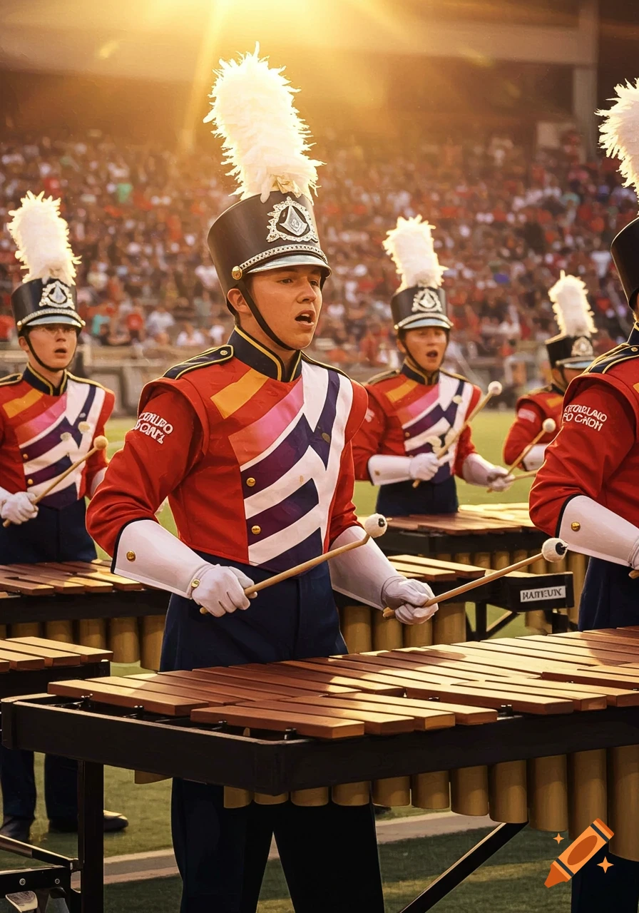 Marching band members play marimbas on a stadium field at sunset. on ...
