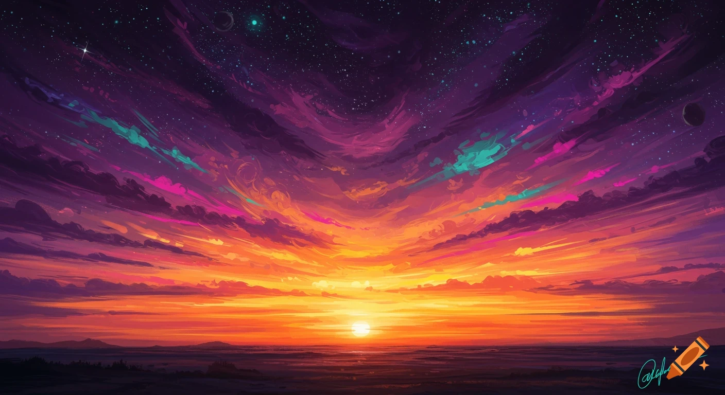 Vibrant abstract sunset over a landscape with a starry sky and planets ...