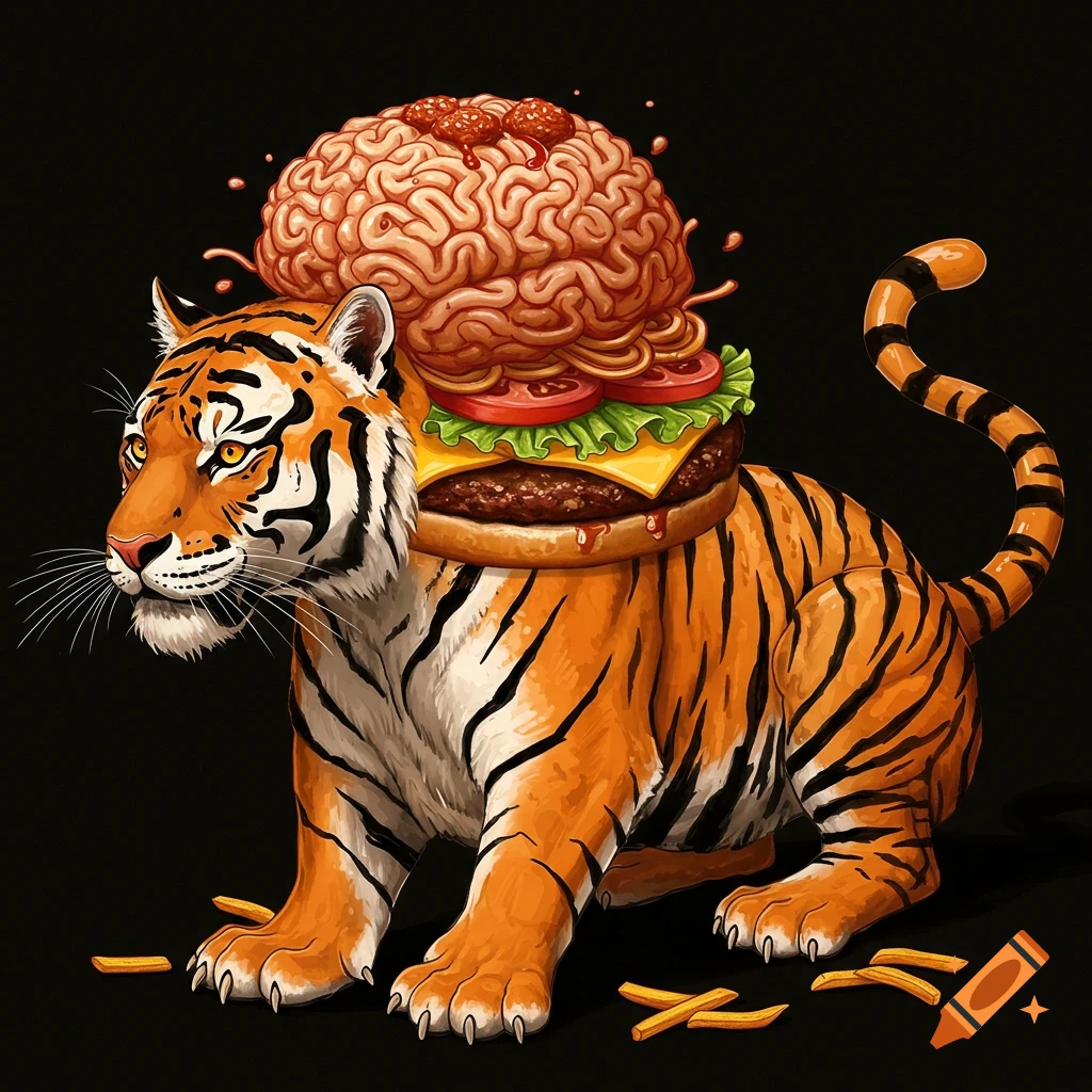 A surreal illustration of a tiger carrying a large burger topped with a ...