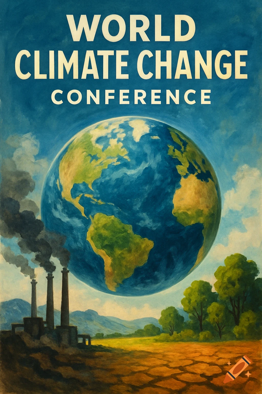 A vintage-style poster showing the Earth above smoking factories and a ...