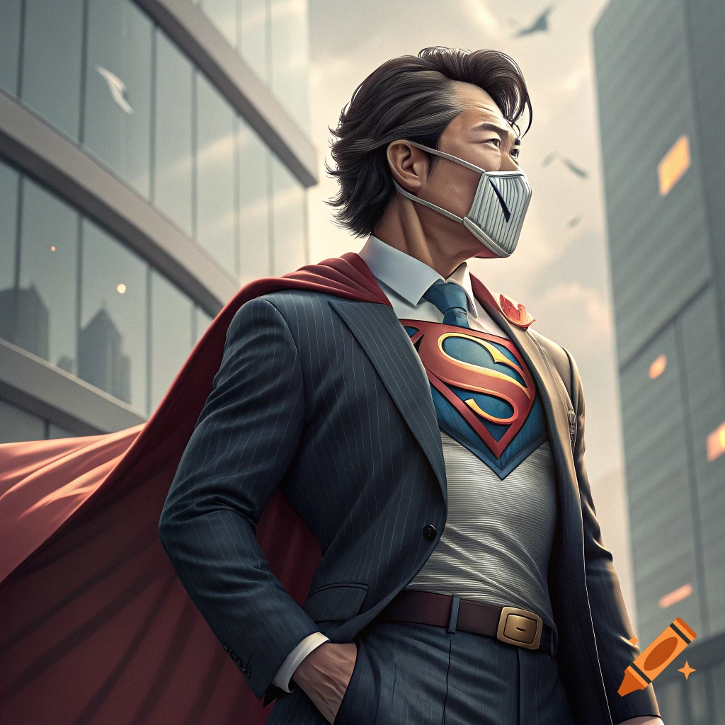 Man in suit, Superman logo, cape, and mask stands in city on Craiyon