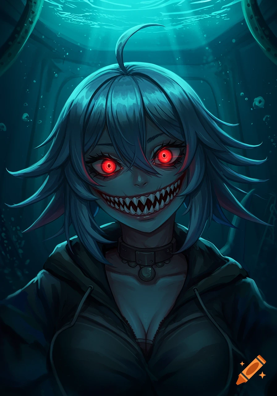 A menacing blue-haired anime character with sharp teeth and glowing red ...