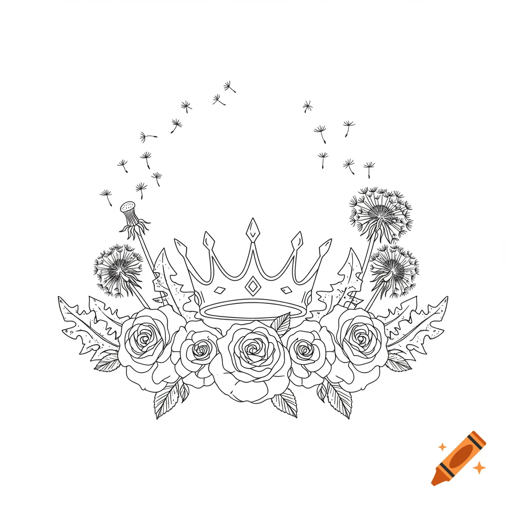 Line art illustration of a crown surrounded by roses and dandelions on ...