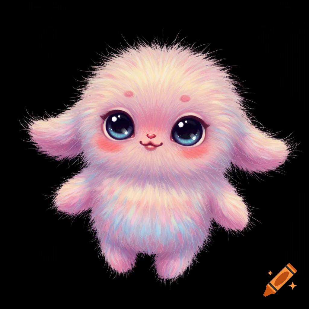 Cute fluffy alien creature with big blue eyes on a black background on ...