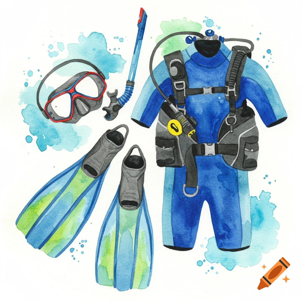 Watercolor illustration of scuba diving gear including wetsuit, fins ...