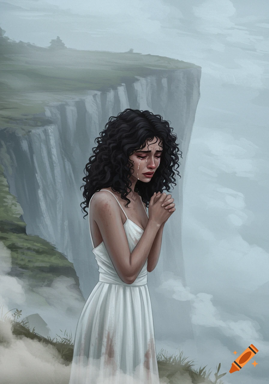Digital painting of a crying woman in a white dress standing by a foggy ...