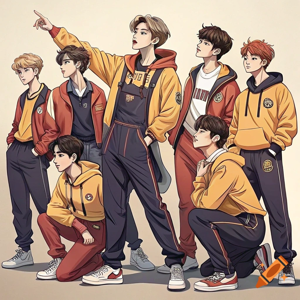 Seven stylized young men in athletic wear stand and pose, one pointing ...