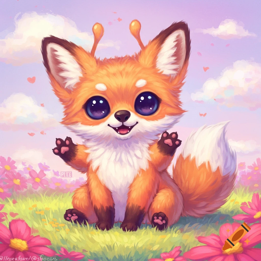 Cute cartoon alien-fox-dog creature with large eyes sitting in a field ...