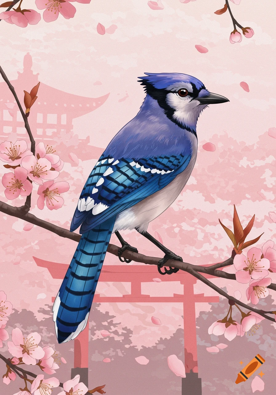 A blue jay sits on a cherry blossom branch with a pink temple structure in the background ...