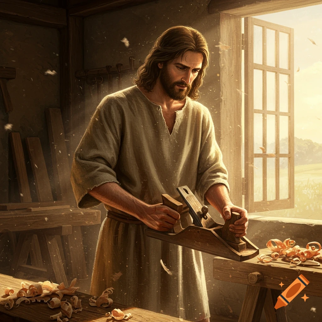 Jesus working as a carpenter in a workshop, using a plane on a wooden ...