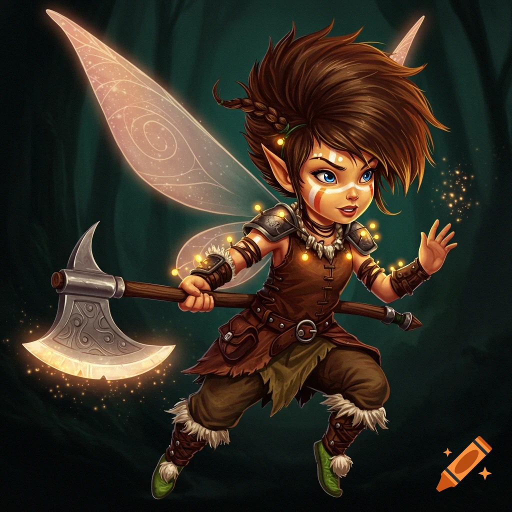 Stylized illustration of a barbarian fairy with an axe and glowing ...
