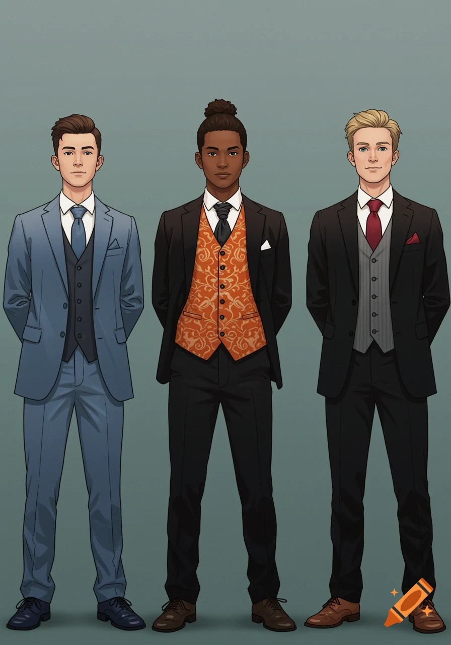 Stylized illustration of three young men in formal suits. on Craiyon