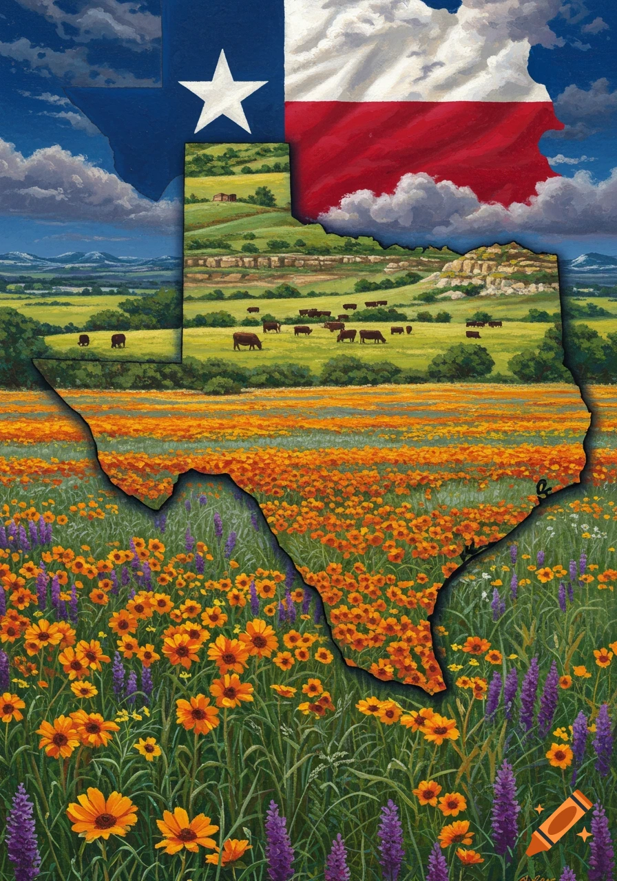 Painting of a Texas landscape inside the state outline with hills, cows ...