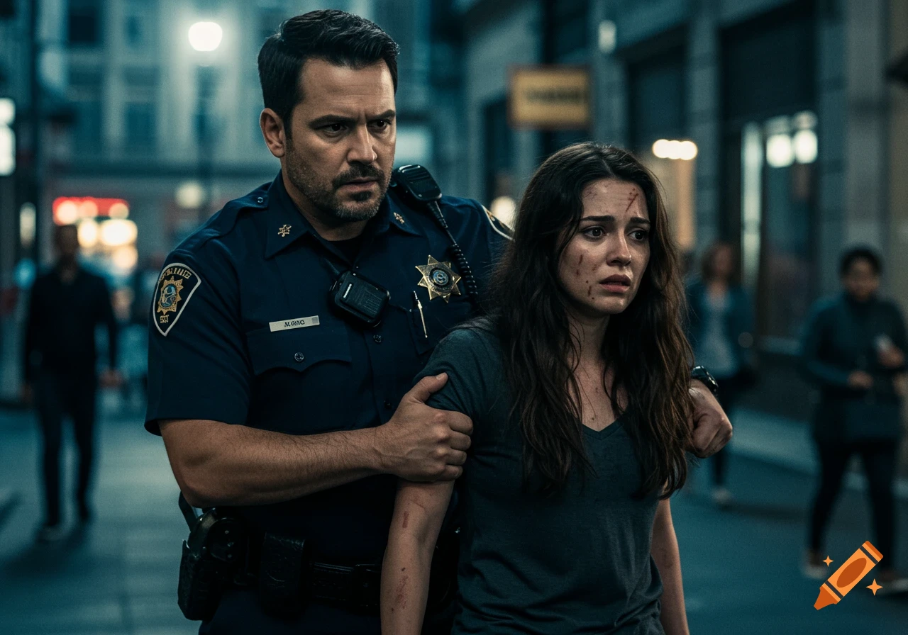 Photorealistic image of a police officer holding a distressed woman ...