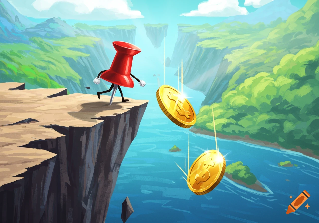 Cartoon push pin character pushes gold coins off a cliff in a fantasy ...