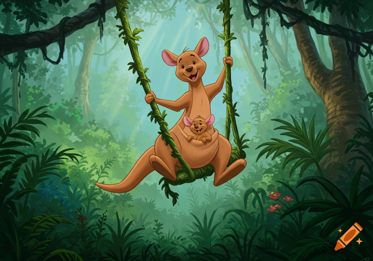 A cartoon kangaroo swings on a vine with her joey in her pouch in a jungle. on Craiyon