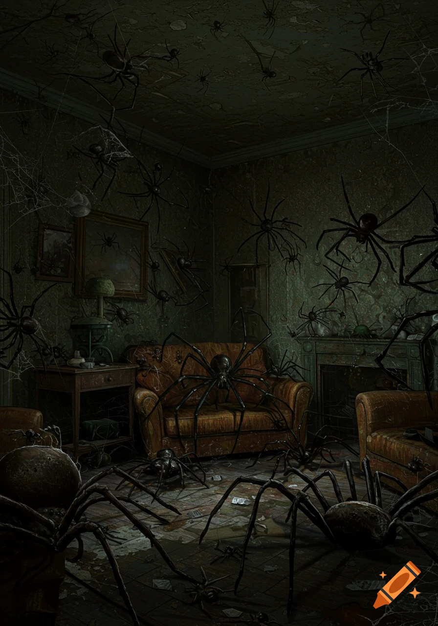 A dark room is completely overrun by hundreds of spiders crawling on ...