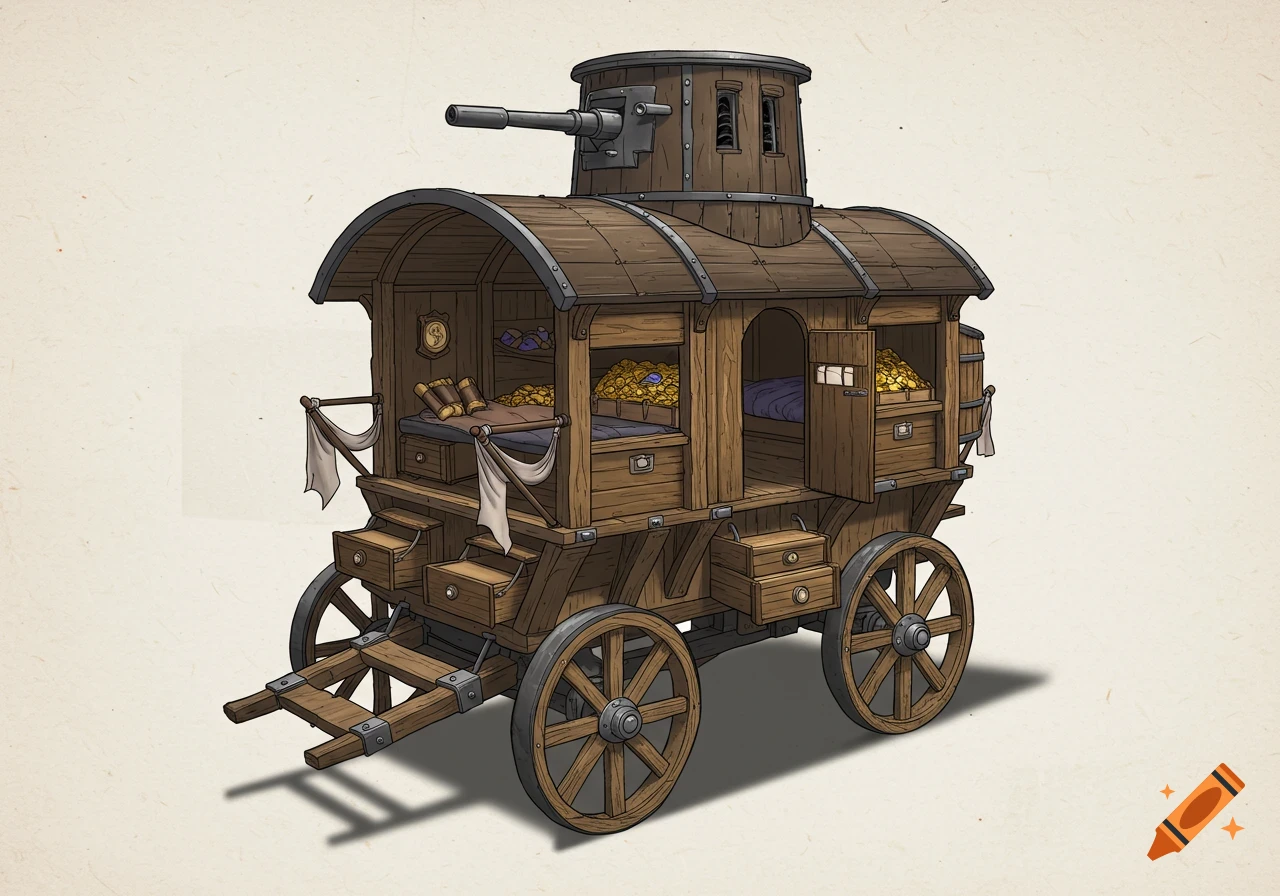 Illustration of a fantasy armored wagon with a turret, filled with gold ...