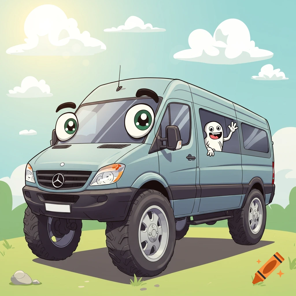 Cartoon Mercedes Sprinter van with large eyes and a white character ...