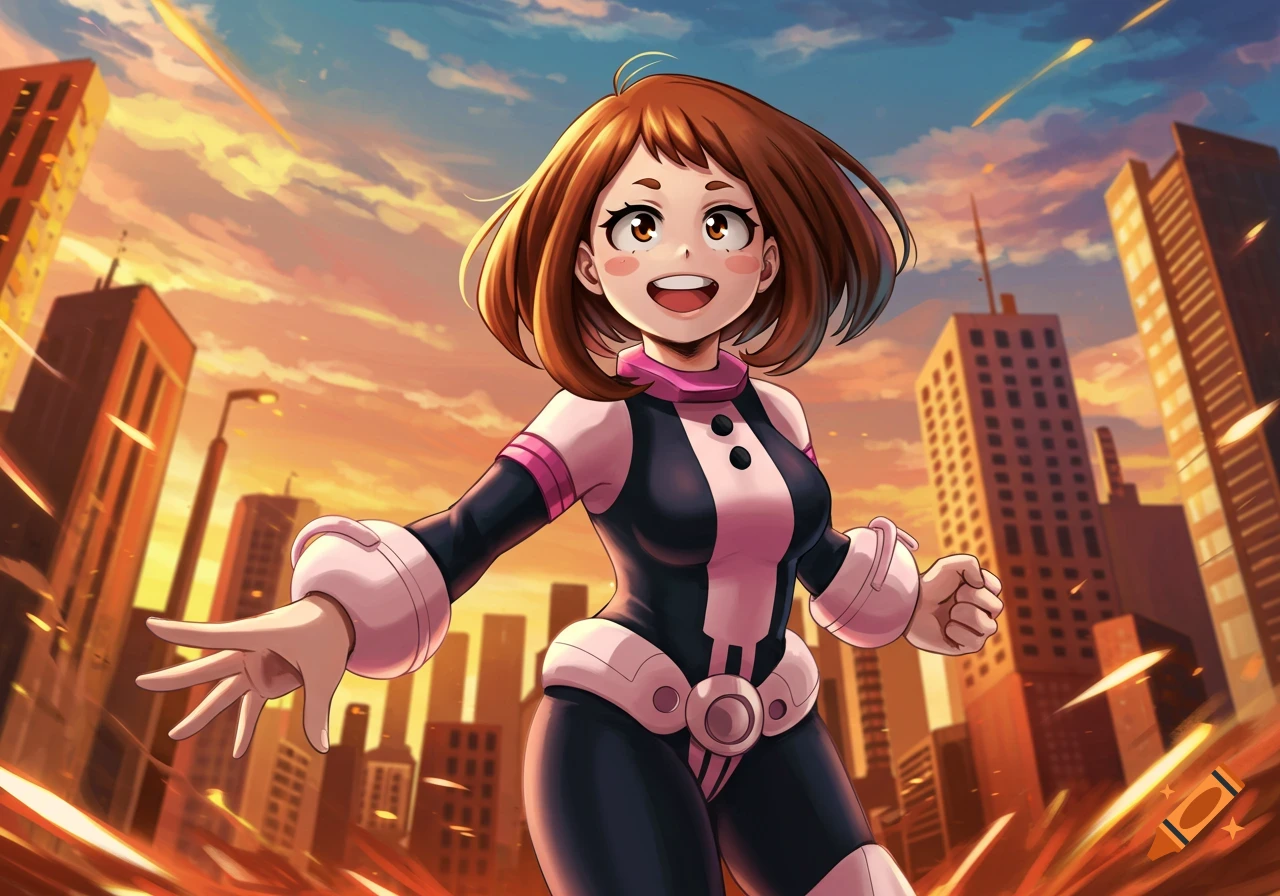 Anime character Uravity floats in a city at sunset on Craiyon